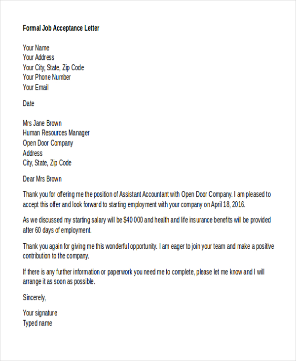 FREE 8+ Sample Job Acceptance Letters in PDF | MS Word