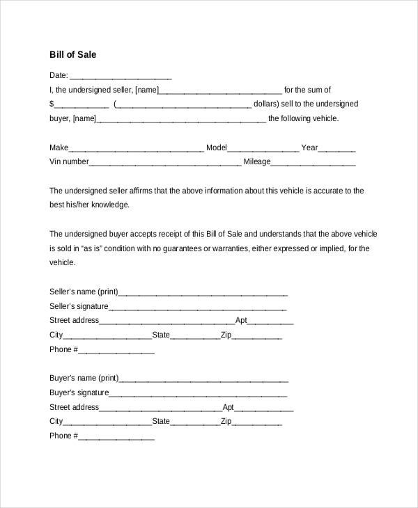 FREE 7 Sample Bill Of Sale Car Forms In PDF MS Word Excel