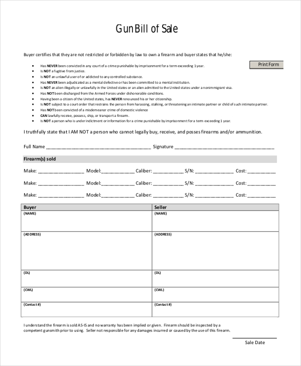 FREE 8+ Sample Gun Bill of Sale Forms in PDF | MS Word