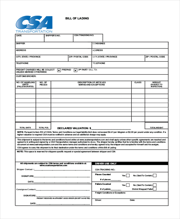 FREE 18+ Bill of Lading Form Samples, PDF, MS Word, Google Docs, Excel
