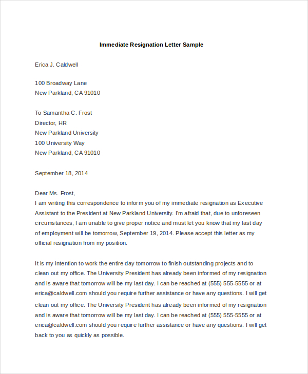 Immediate Resignation Letter Livecareer