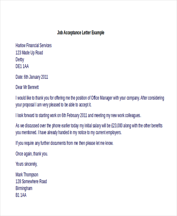 FREE 8 Sample Job Acceptance Letters In PDF MS Word