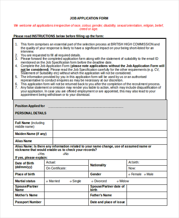 FREE 10+ Sample Generic Job Application Forms in PDF | MS Word | Excel