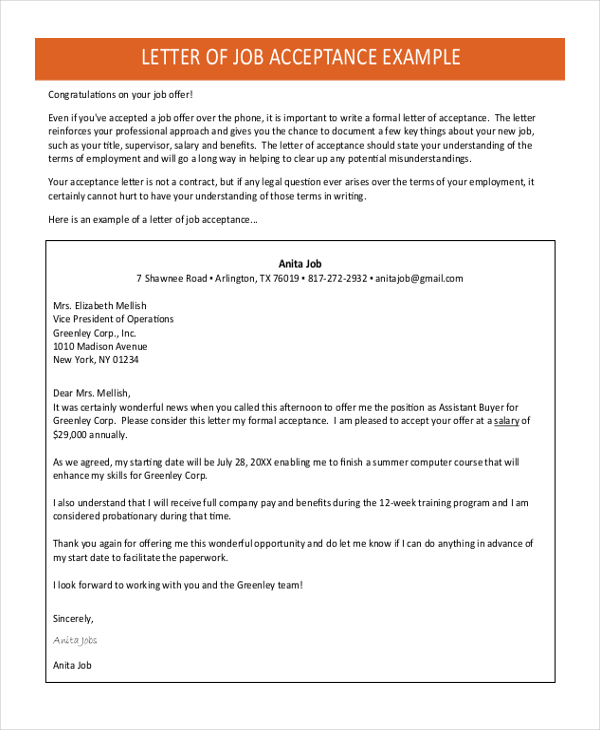 FREE 8+ Sample Job Acceptance Letters in PDF | MS Word