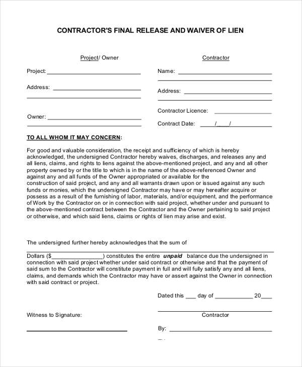 FREE 13+ Release of Lien Form Samples, PDF, MS Word, Google Docs