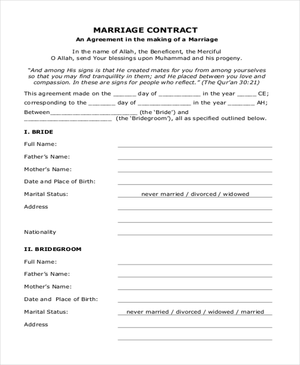 FREE 12+ Marriage Contract Form Samples, PDF, MS Word, Google Docs
