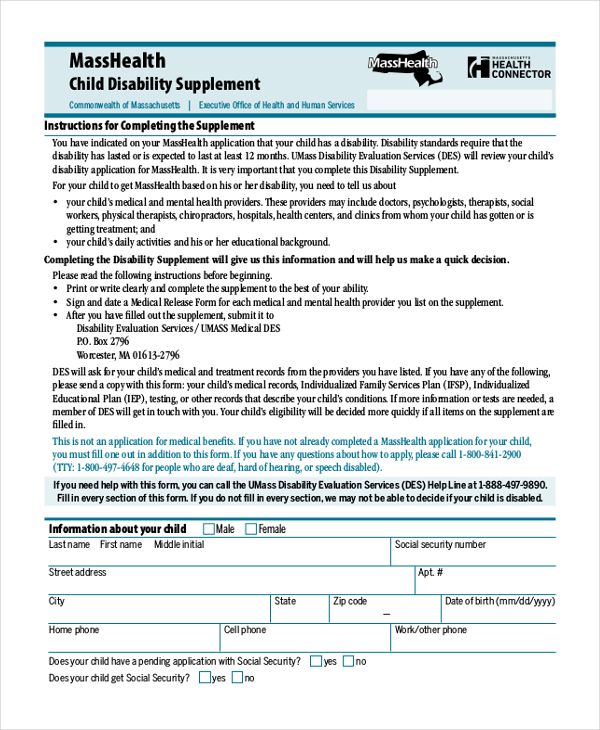 FREE 10+ Sample Child Disability Forms in PDF | MS Word