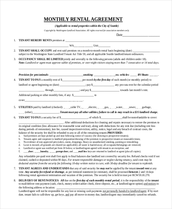 FREE 11+ Month-to-Month Rental Agreement Form Samples, PDF, MS Word ...