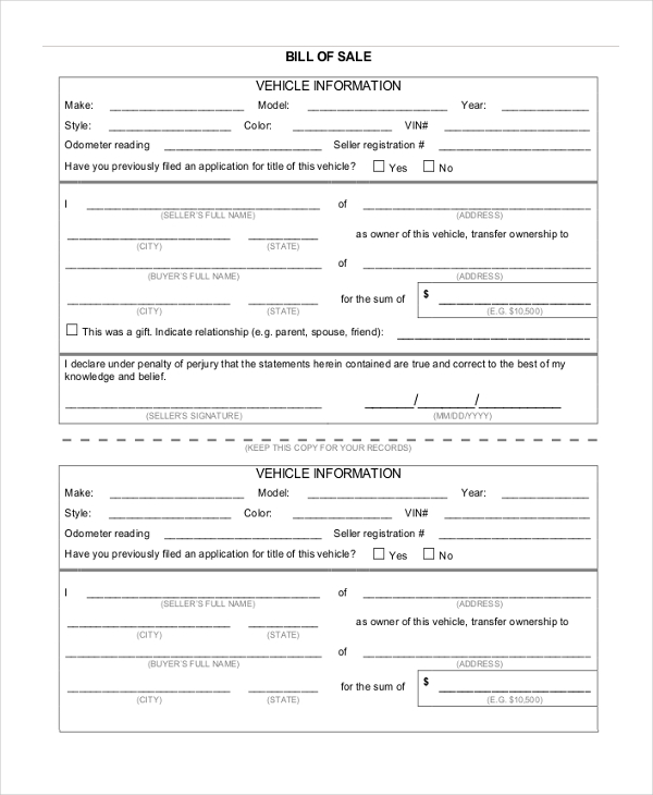 FREE 10+ Sample Bill of Sale Vehicle Forms in PDF | MS Word | Excel