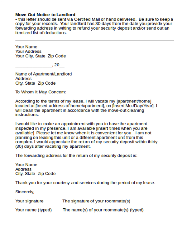 30 Day Notice To Landlord Template