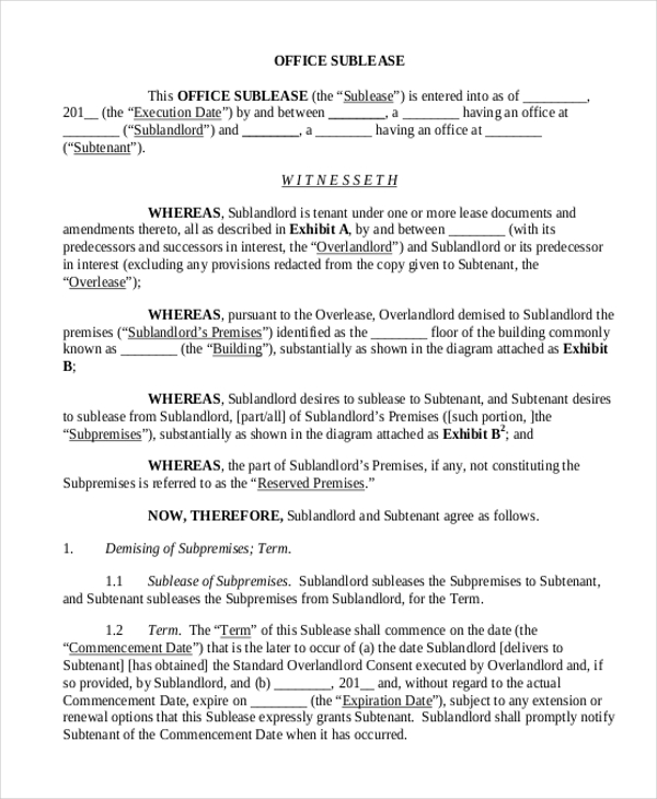 FREE 11 Sample Sublease Agreement Forms In PDF MS Word