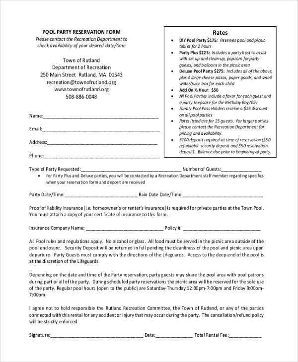 FREE 10+ Sample Party Reservation Forms in PDF | MS Word