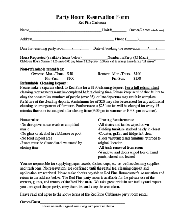 FREE 10+ Sample Party Reservation Forms in PDF | MS Word