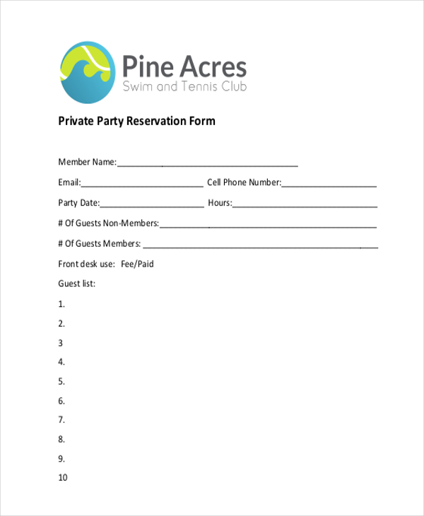 FREE 10+ Sample Party Reservation Forms in PDF | MS Word