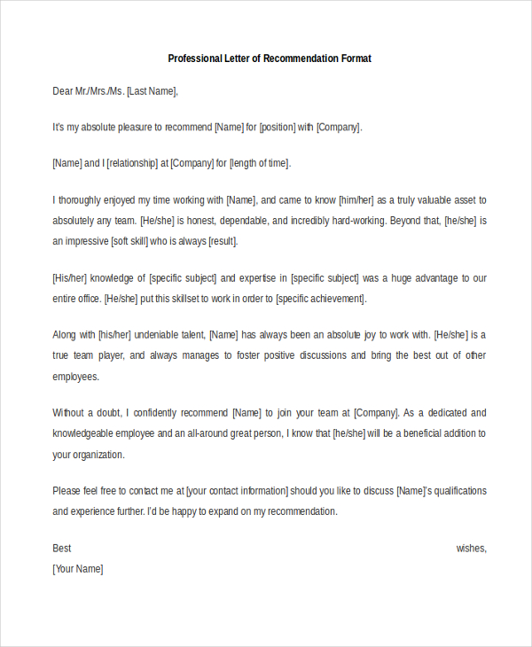 Letter Of Recommendation Template Word