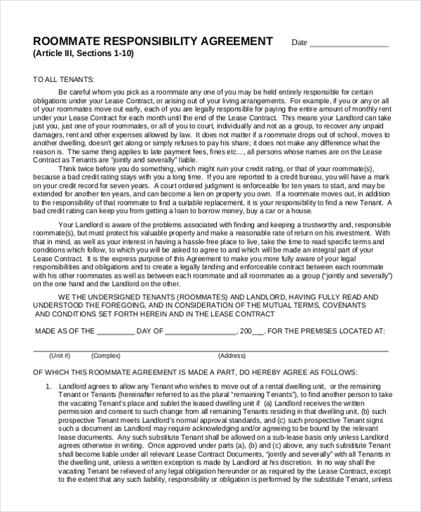 FREE 12+ Sample Roommate Agreement Forms in PDF | MS Word