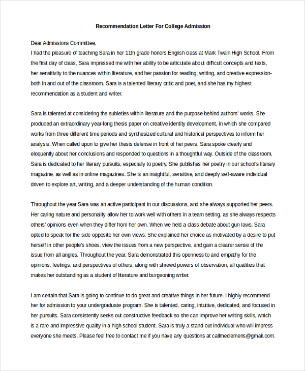 FREE 10+ College Letter of Recommendation Samples, PDF, MS Word, Google ...