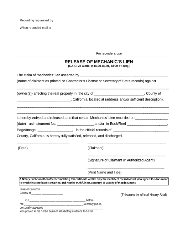 FREE 13+ Release of Lien Form Samples, PDF, MS Word, Google Docs