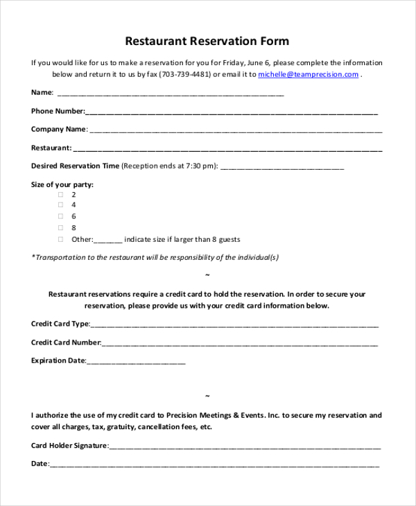 FREE 10+ Sample Party Reservation Forms in PDF | MS Word