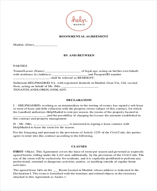 FREE 10+ Sample Room Rental Agreement Forms in PDF | MS Word