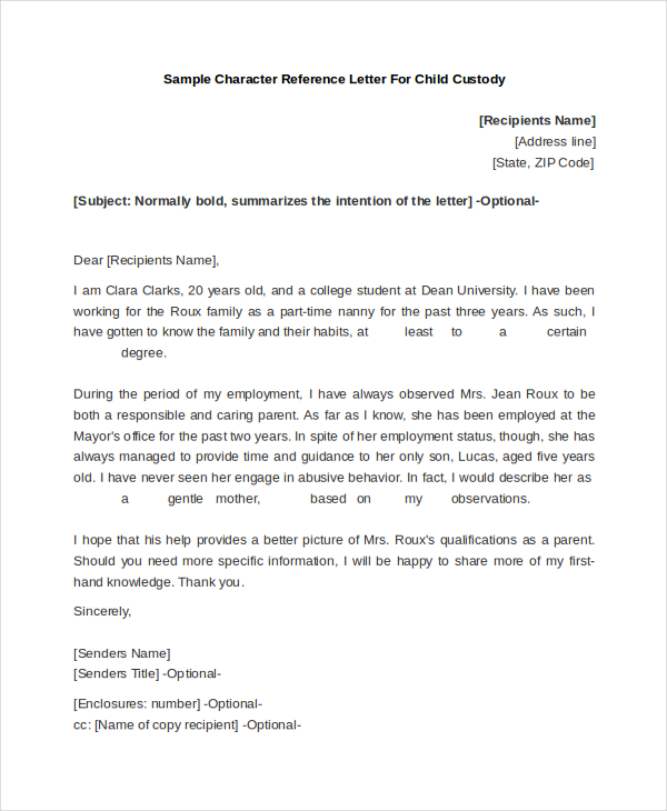 Character Reference Letter For Court Child Custody Template ZOHAL