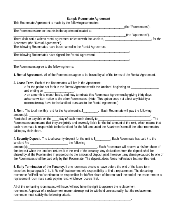 FREE 12+ Sample Roommate Agreement Forms in PDF | MS Word