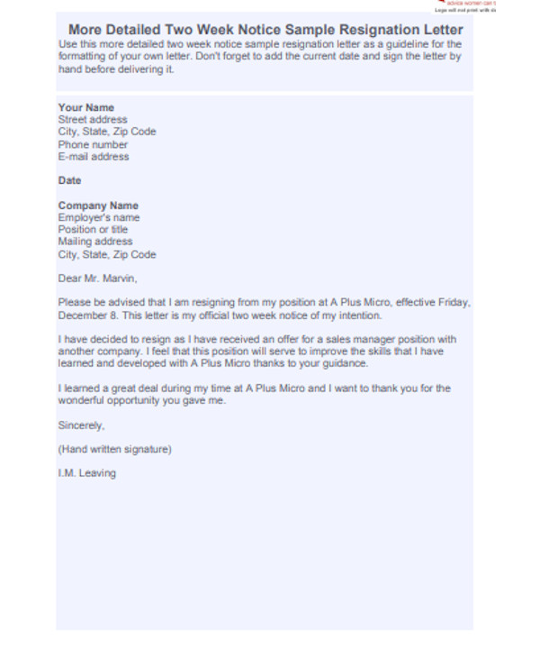 FREE 10+ 2 Week Notice Letter Samples, PDF, MS Word, Google Docs