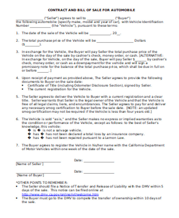 FREE 9+ Sample Bill of Sale Auto Forms in PDF | MS Word