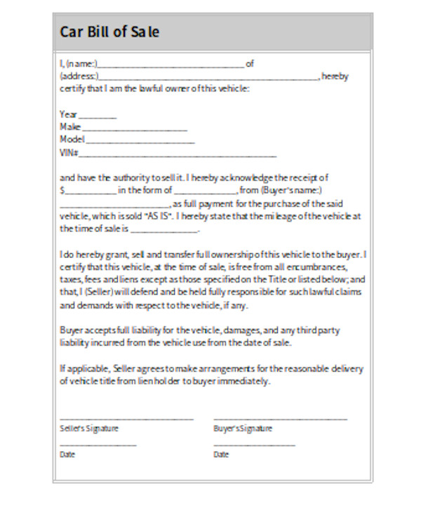 FREE 9+ Sample Bill of Sale For Car in PDF | MS Word