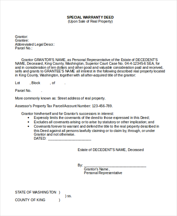 FREE 8+ Sample Special Warranty Deed Forms in PDF | MS Word