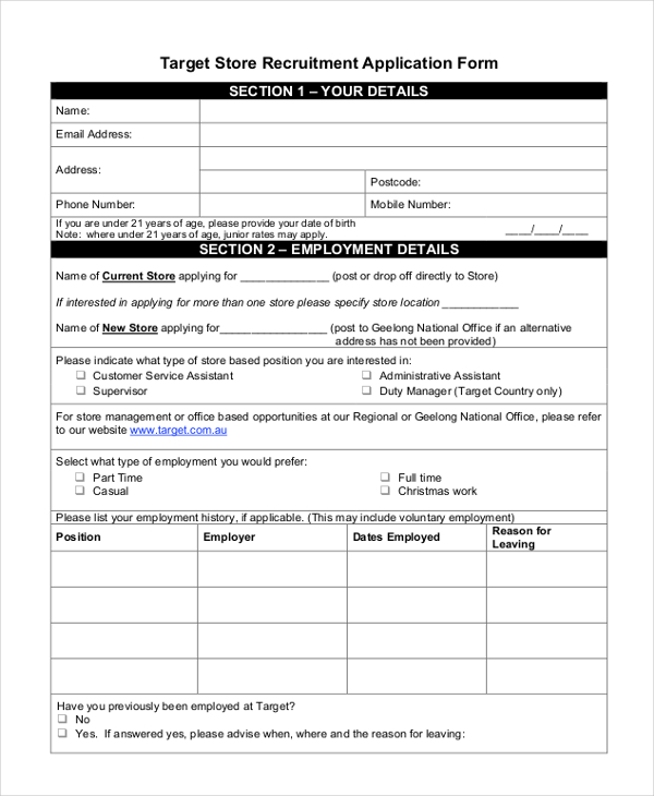 FREE 9+ Sample Target Application Forms in PDF | MS Word