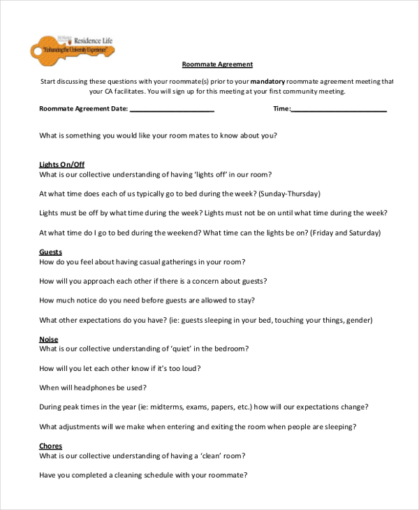 FREE 12+ Sample Roommate Agreement Forms in PDF | MS Word