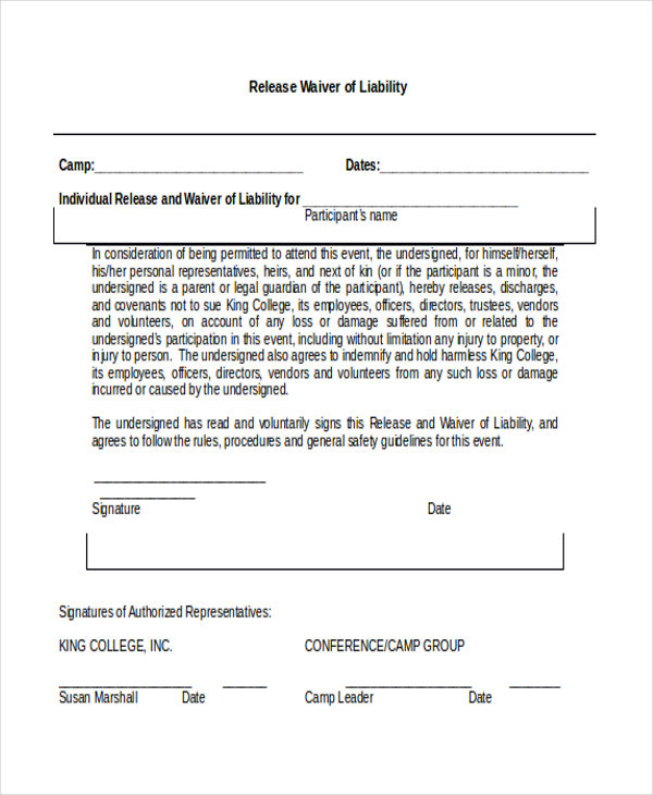 FREE 13+ Waiver of Liability Form Samples, PDF, MS Word, Google Docs