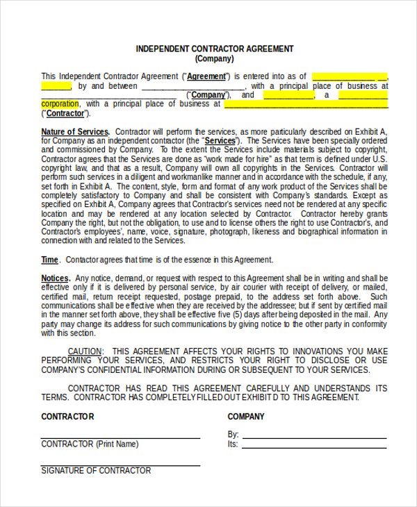 FREE 12 Sample Independent Contractor Agreement Forms In PDF MS Word