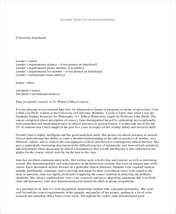 Reference Letter For University