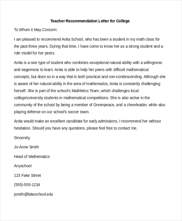 FREE 11+ Teacher Recommendation Letter Samples, PDF, MS Word, Google Docs