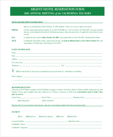 FREE 14+ Hotel Reservation Form Sample PDF, MS Word, Google Docs, Excel
