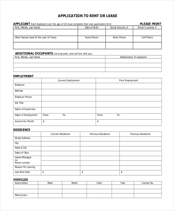 FREE 9+ Lease Application Form Samples in PDF | MS Word