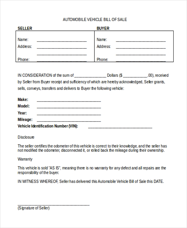 FREE 7+ Sample Bill of Sale Forms For Vehicle in PDF | MS Word
