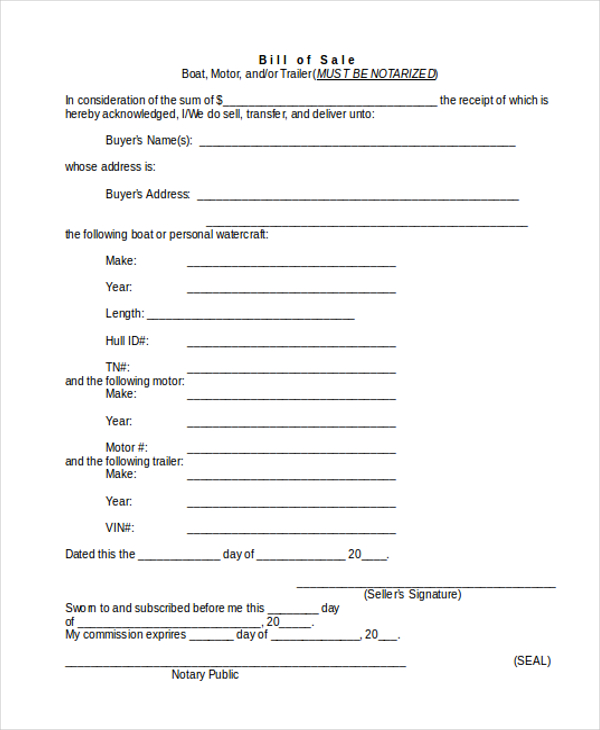 Sample Bill Of Sale For Boat Motor And