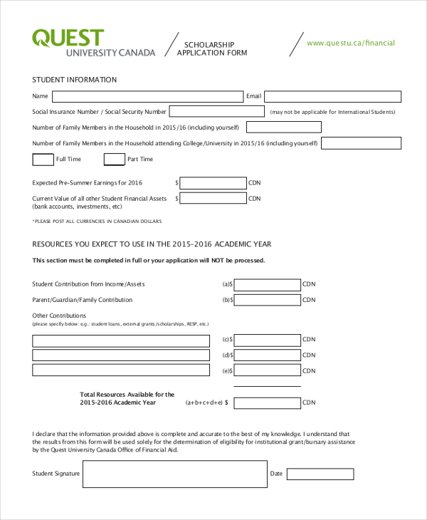 FREE 14+ Scholarship Application Form Samples, PDF, MS Word, Google ...