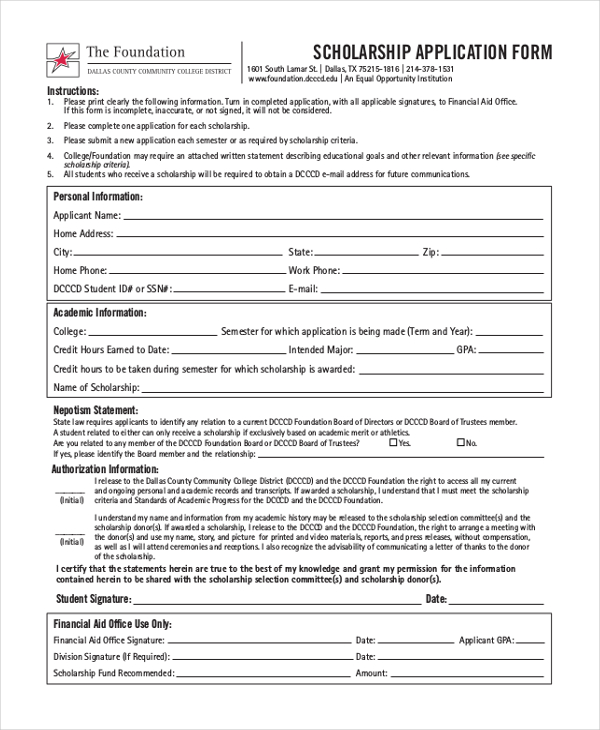 FREE 11 Scholarship Application Form Samples In PDF MS Word Excel