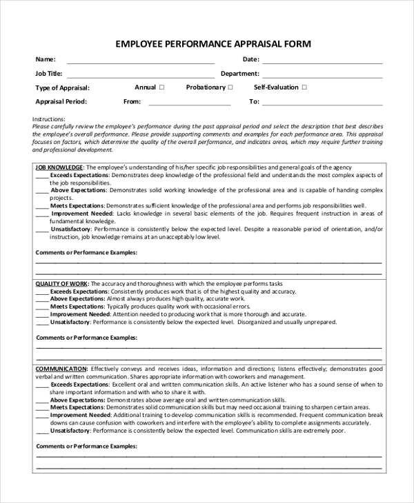 FREE 11 Sample Performance Appraisal Forms In PDF MS Word Excel