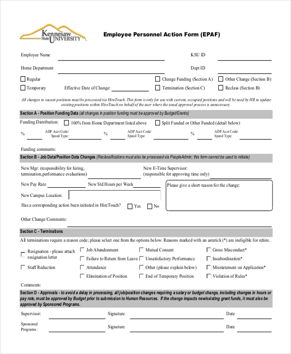 FREE 9+ Employee Action Form Samples in PDF | MS Word | Excel