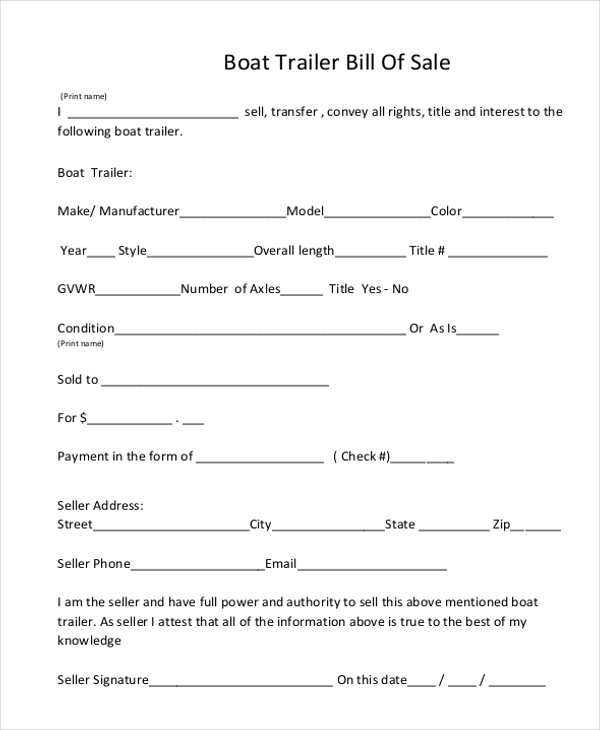 Printable Utility Trailer Bill Of Sale Template Free