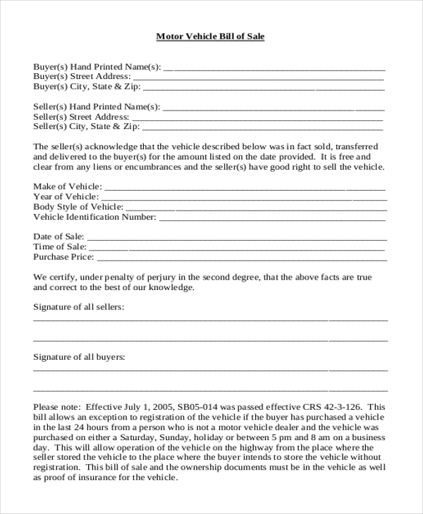 FREE 10+ Sample Motor Vehicle Bill of Sale Forms in PDF | MS Word