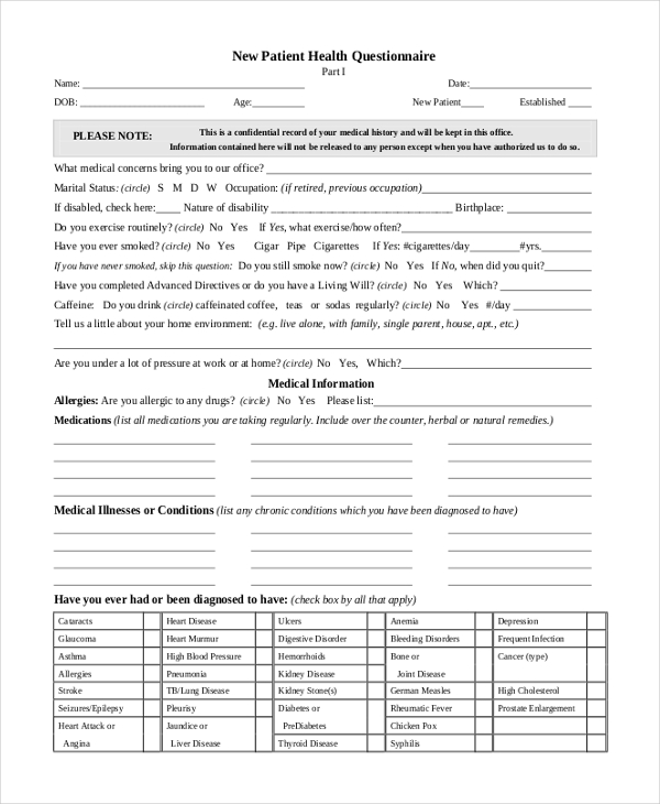 FREE 8+ Sample Patient Health Questionnaire Forms in PDF | MS Word
