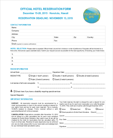 FREE 14+ Hotel Reservation Form Sample PDF, MS Word, Google Docs, Excel