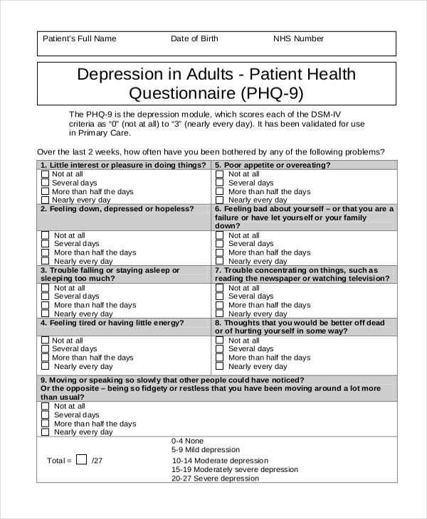 FREE 8+ Sample Patient Health Questionnaire Forms in PDF | MS Word