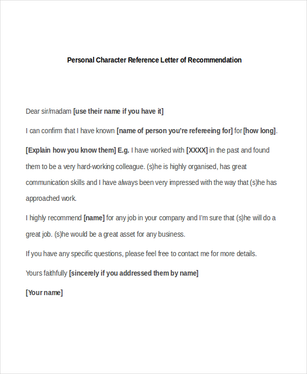 Sample Personal Character Reference Letter Of Recommendation Template ...